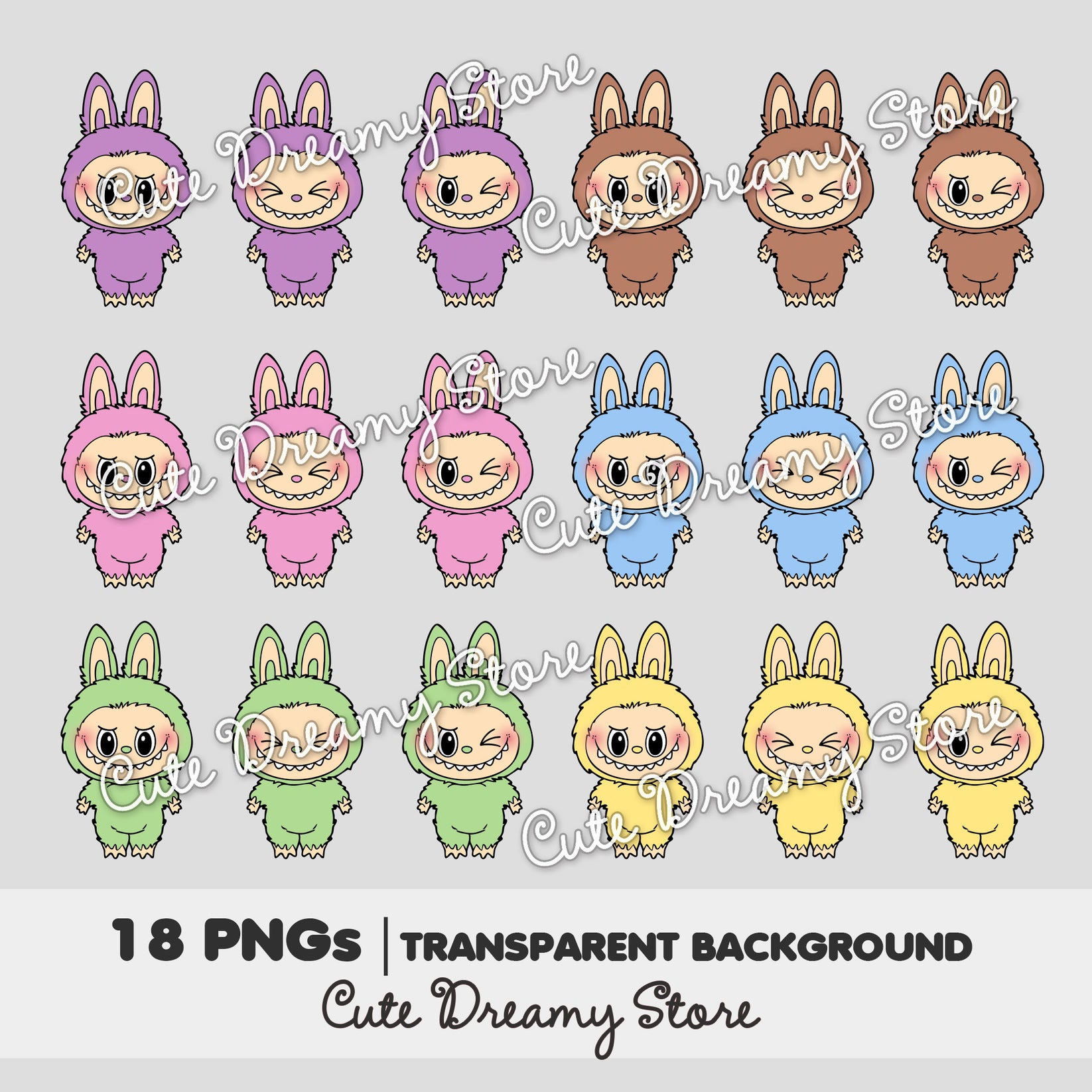 Labubu Transparent PNG Bundle – 6 Colors Clipart Set – Cute Dreamy Store
