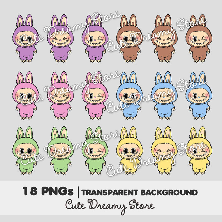 Labubu Transparent PNG Bundle – 6 Colors Clipart Set – Cute Dreamy Store