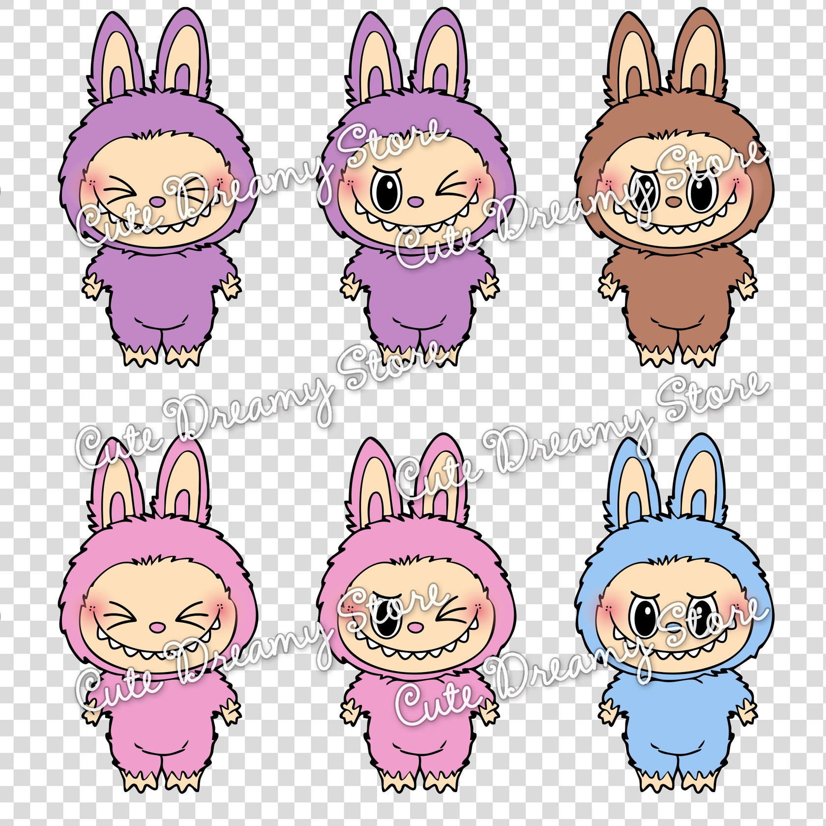 Labubu Transparent PNG Bundle – 6 Colors Clipart Set – Cute Dreamy Store